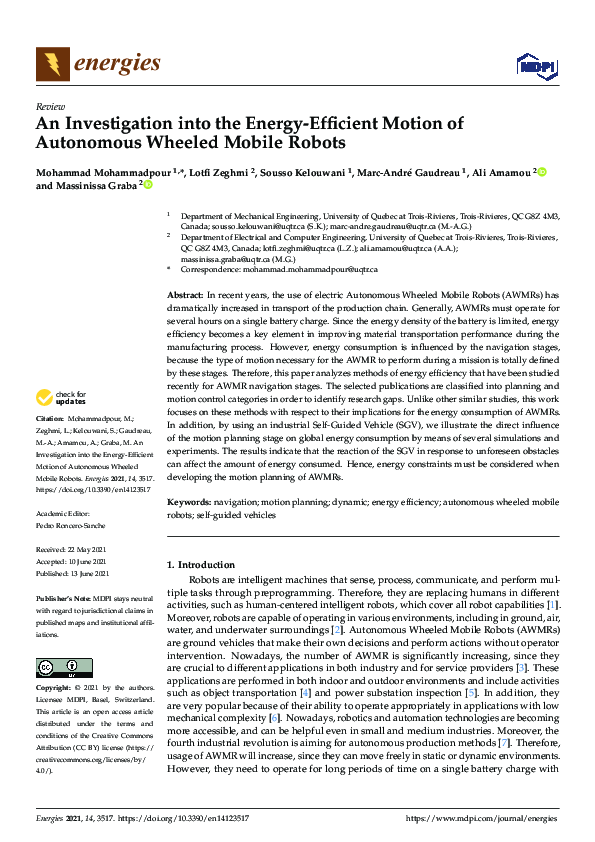 Pdf An Investigation Into The Energy Efficient Motion Of Autonomous Wheeled Mobile Robots