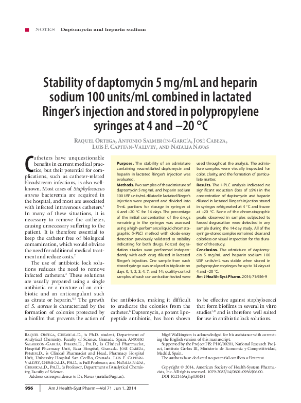 (PDF) Stability of daptomycin 5 mg/mL and heparin sodium 100 units/mL ...