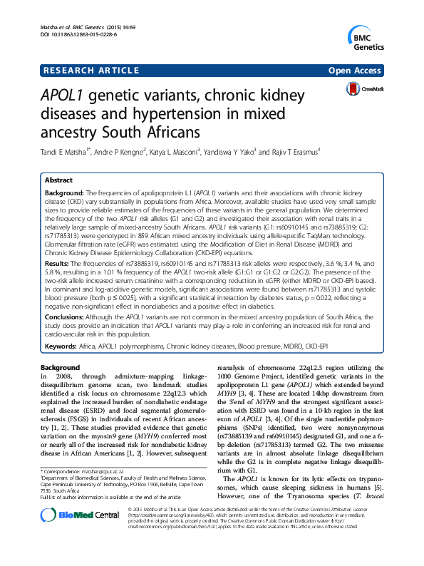 (PDF) APOL1 genetic variants, chronic kidney diseases and hypertension ...