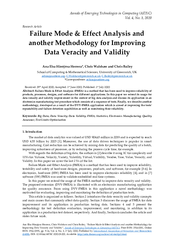 (PDF) Failure Mode Effect Analysis and another Methodology for Improving Data Veracity and Validity