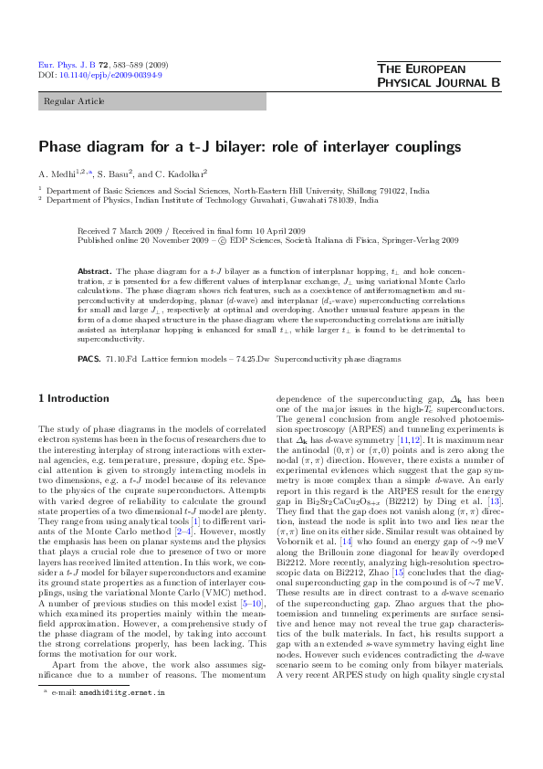 (PDF) Phase diagram for a t-J bilayer: role of interlayer couplings