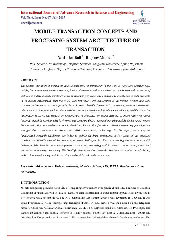 (PDF) Mobile Transaction Concepts and Processing System Architecture of Transaction