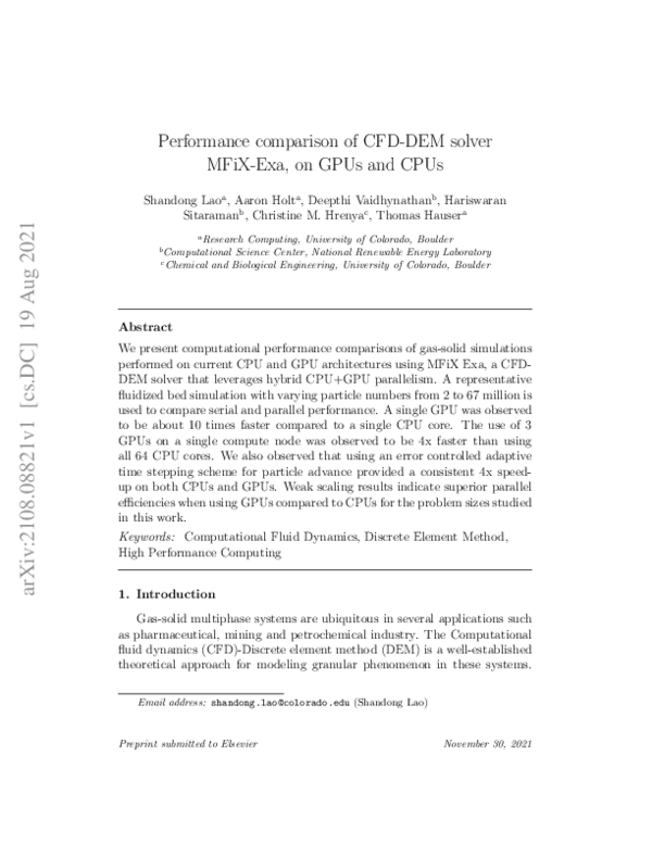 Pdf Performance Comparison Of Cfd Dem Solver Mfix Exa On Gpus And Cpus