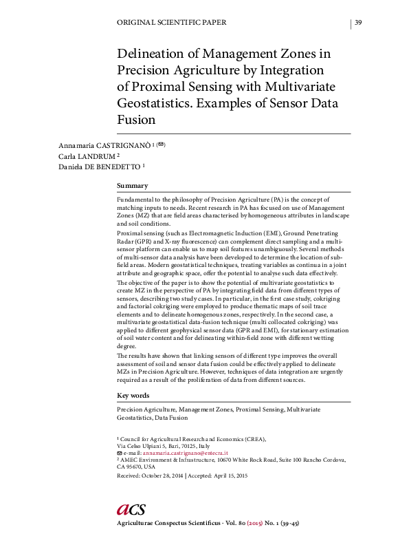 (PDF) Delineation of Management Zones in Precision Agriculture by Integration of Proximal ...