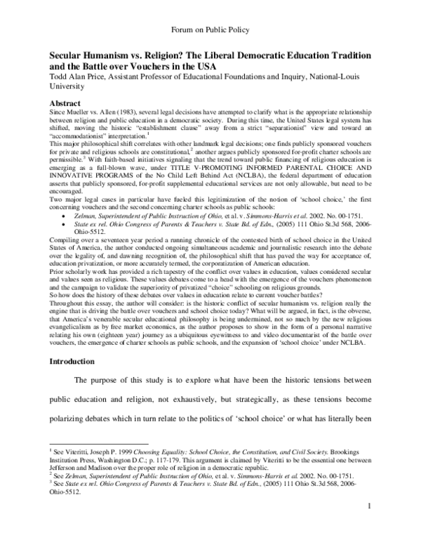 (PDF) Secular Humanism vs. Religion? the Liberal Democratic Education ...