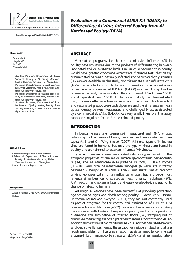 (PDF) Evaluation of a commercial ELISA kit (IDEXX) to differentiate AI ...