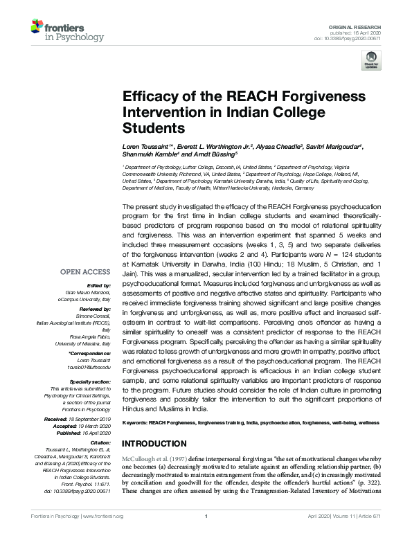(PDF) Efficacy of the REACH Forgiveness Intervention in Indian College ...