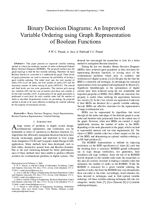 Pdf Binary Decision Diagrams An Improved Variable Ordering Using Graph Representation Of