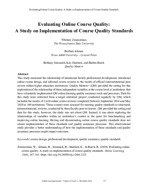 (PDF) Evaluating Online Course Quality: A Study on Implementation of ...