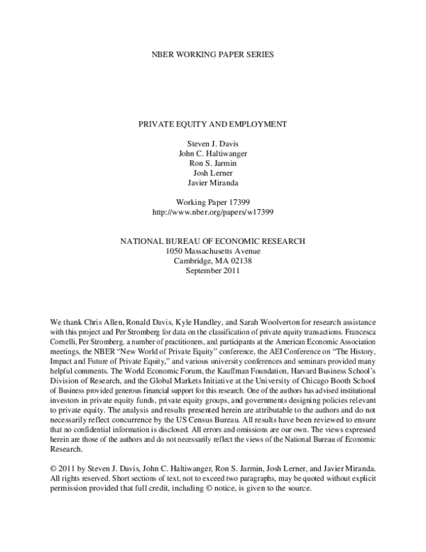 (PDF) Nber Working Paper Series Private Equity and Employment