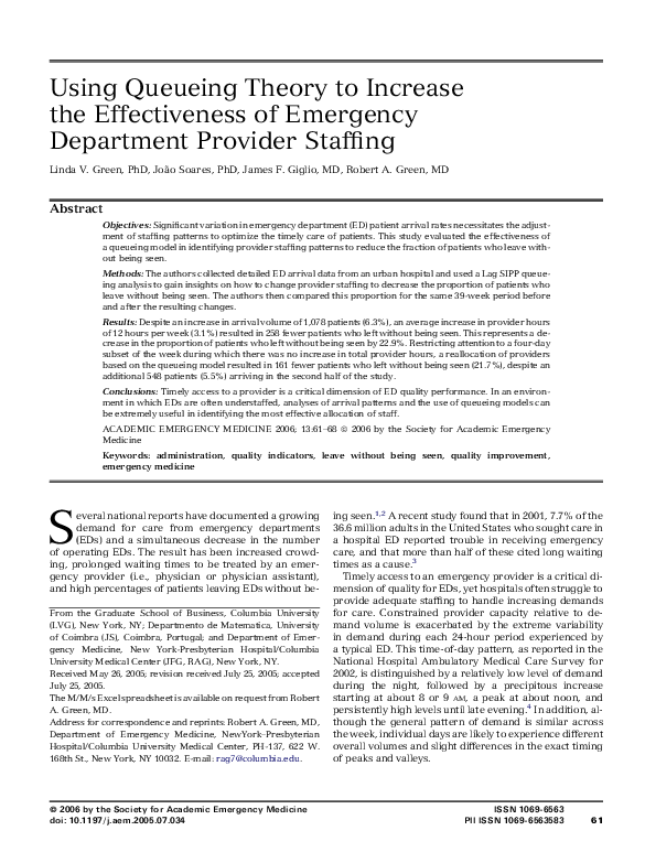(PDF) Using Queueing Theory to Increase the Effectiveness of Emergency Department Provider Staffing