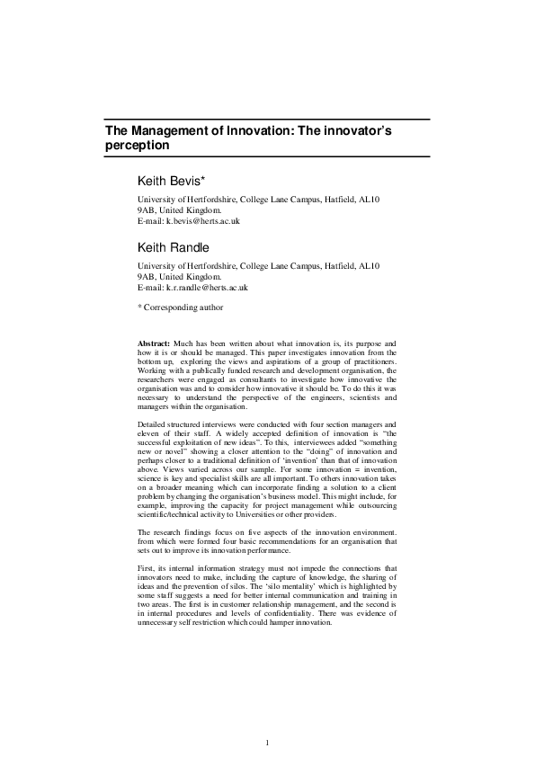 (PDF) The Management of Innovation: the Innovator's Perception | Keith ...