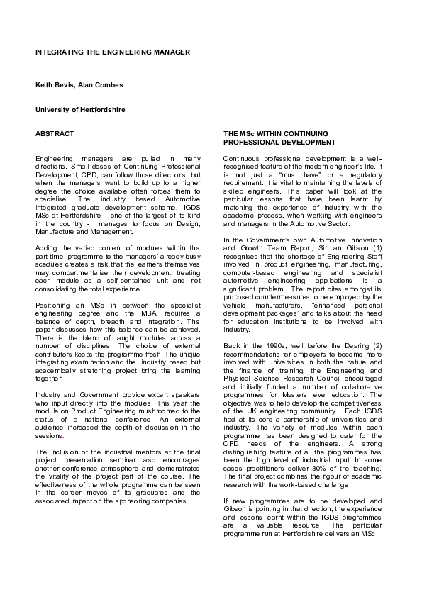 (PDF) Integrating the Engineering Manager | Keith Bevis - Academia.edu