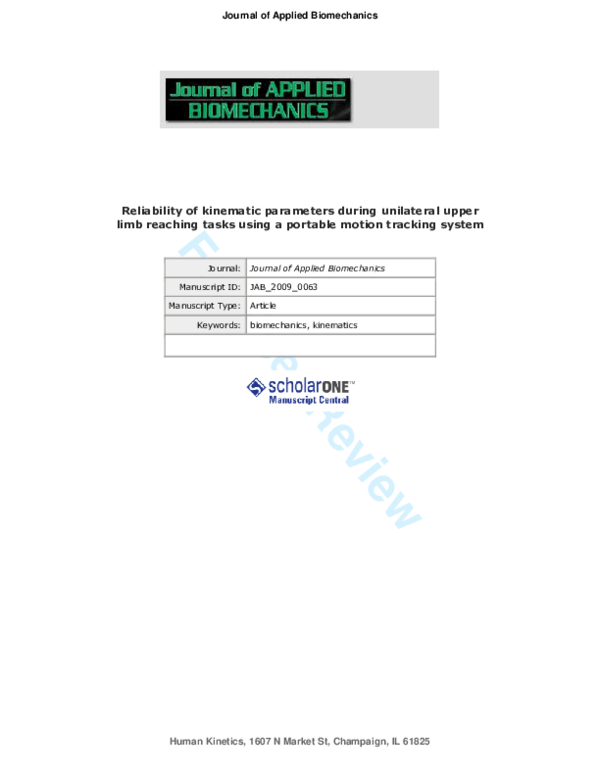 Pdf Reliability Of Kinematic Parameters During Unilateral Upper Limb Reaching Tasks Using A