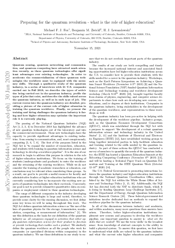(PDF) Preparing for the quantum revolution: {What} is the role of higher education?