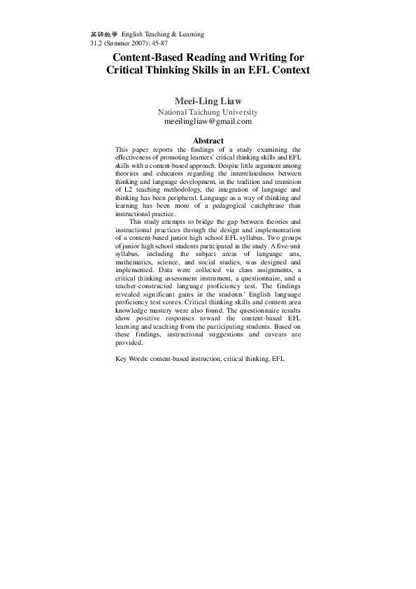 (PDF) Content-Based Reading and Writing for Critical Thinking Skills in ...