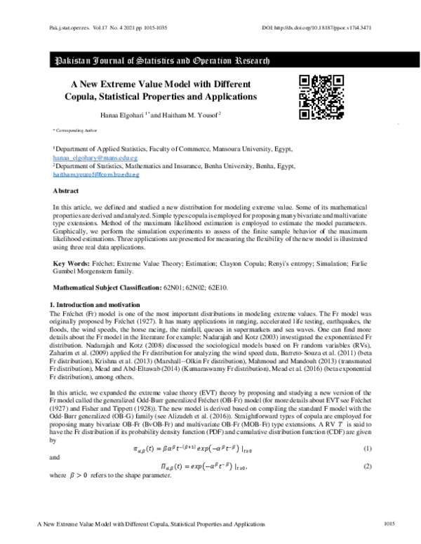 (PDF) A New Extreme Value Model with Different Copula, Statistical Properties and Applications
