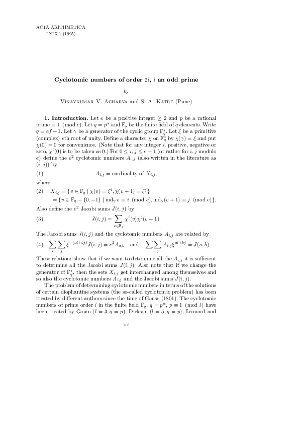 (PDF) Cyclotomic numbers of order 2l, l an odd prime