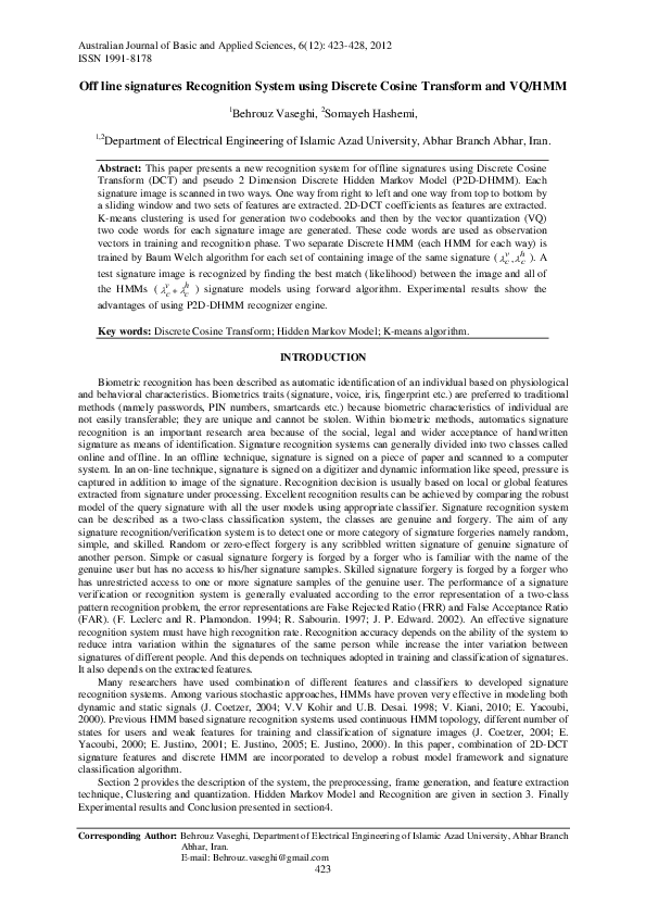 Off line signatures Recognition System using Discrete Cosine Transform and VQ/HMM