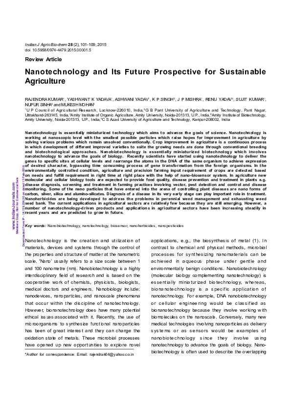 (PDF) Nanotechnology and Its Future Prospective for Sustainable Agriculture