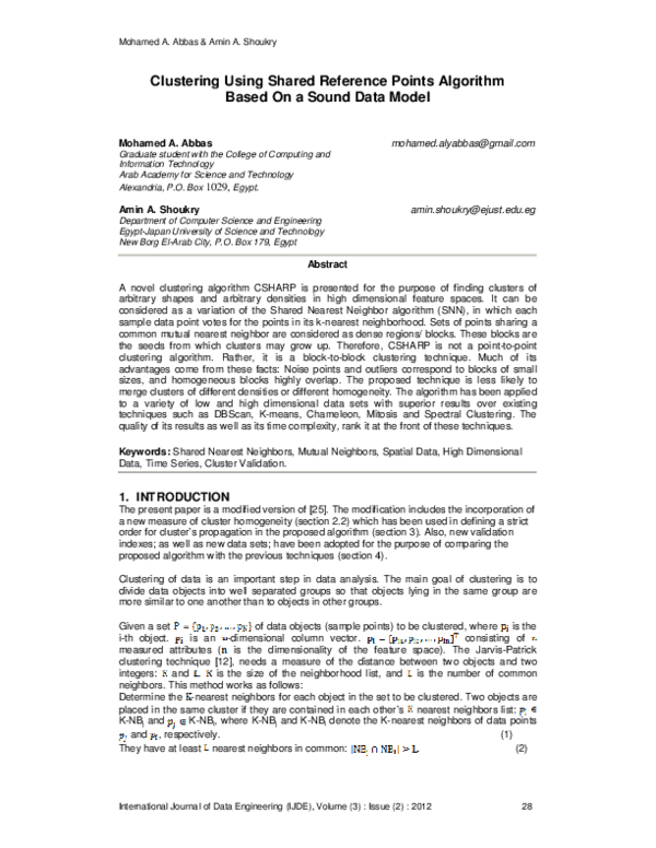 Pdf Clustering Using Shared Reference Points Algorithm Based On A Sound Data Model Amin