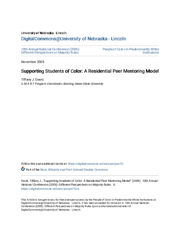 (PDF) Supporting Students of Color: A Residential Peer Mentoring Model