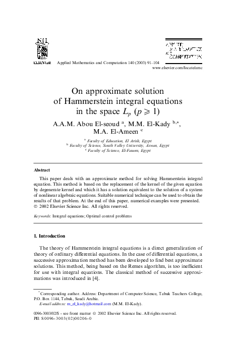 Pdf On Approximate Solution Of Hammerstein Integral Equations In The Space Lp P⩾1 Mamdouh