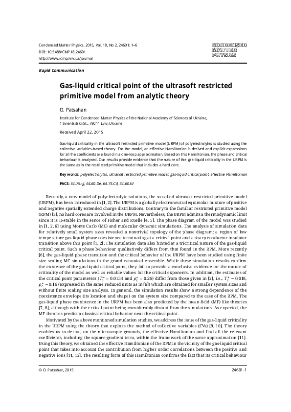 (PDF) Gas-liquid critical point of the ultrasoft restricted primitive ...