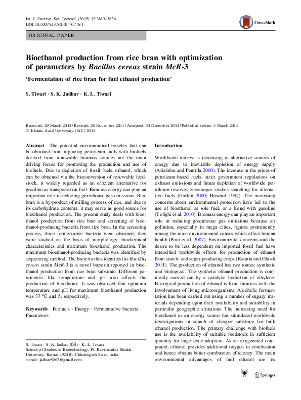 (PDF) Bioethanol production from rice bran with optimization of parameters by Bacillus cereus ...