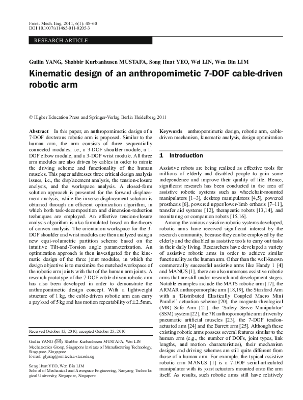 Pdf Kinematic Design Of An Anthropomimetic 7 Dof Cable Driven Robotic Arm
