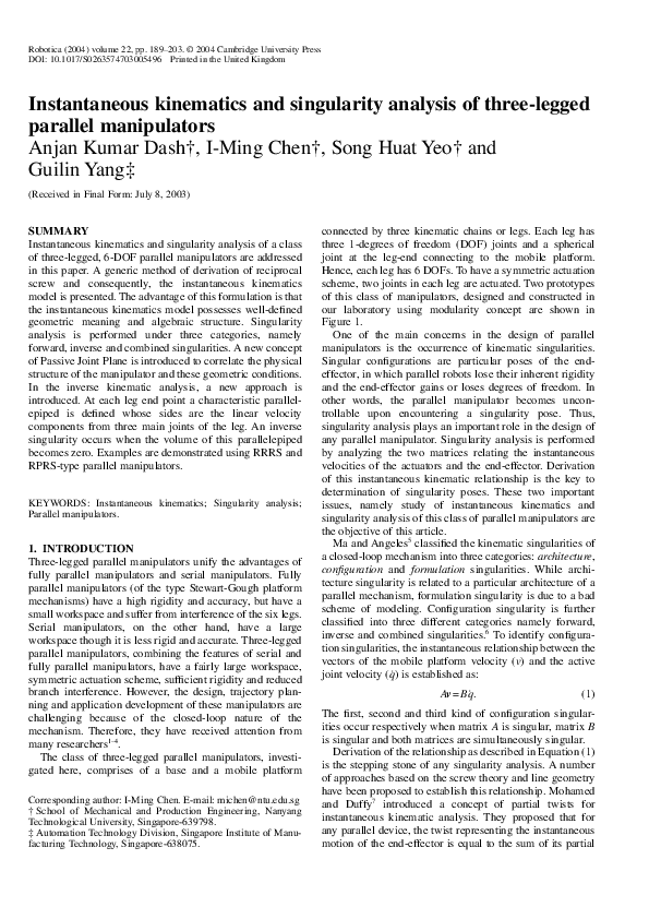(PDF) Instantaneous kinematics and singularity analysis of three-legged parallel manipulators