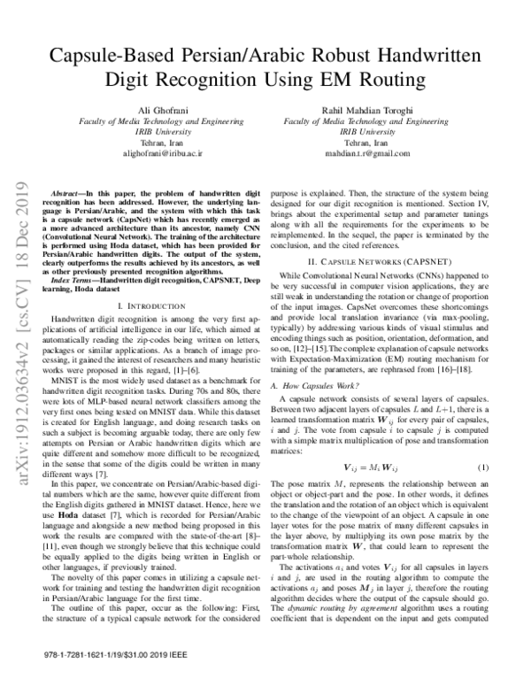 Pdf Capsule Based Persian Arabic Robust Handwritten Digit Recognition Using Em Routing