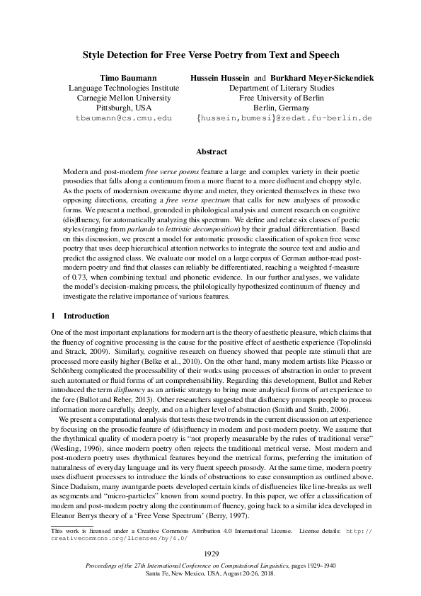 (PDF) Style Detection for Free Verse Poetry from Text and Speech