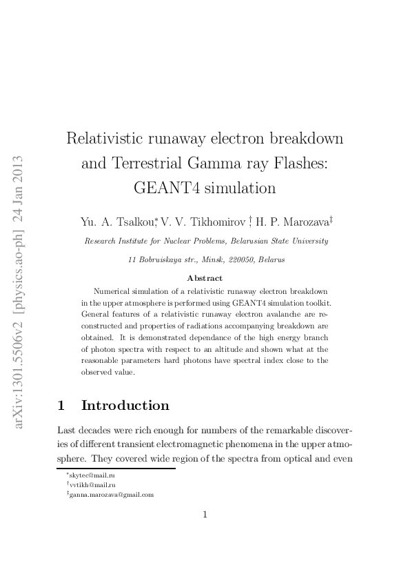 (PDF) Relativistic runaway electron breakdown and Terrestrial Gamma ray Flashes: GEANT4 simulation