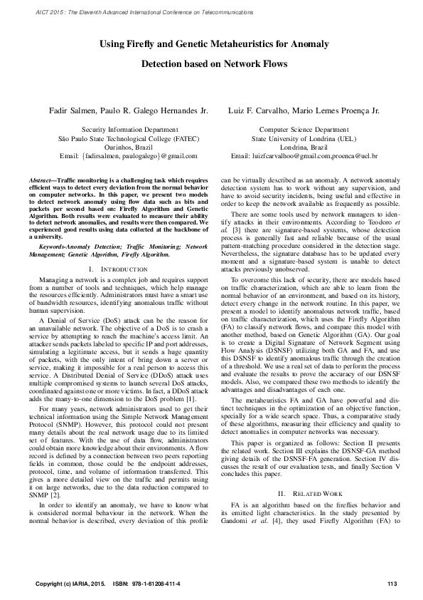 (PDF) Using Firefly and Genetic Metaheuristics for Anomaly Detection based on Network Flows