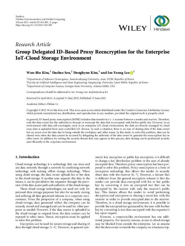 (PDF) Group Delegated ID-Based Proxy Reencryption for the Enterprise IoT-Cloud Storage Environment
