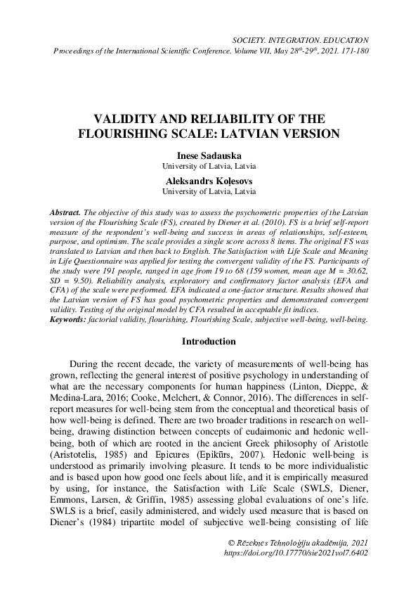 (PDF) Validity and Reliability of the Flourishing Scale: Latvian Version