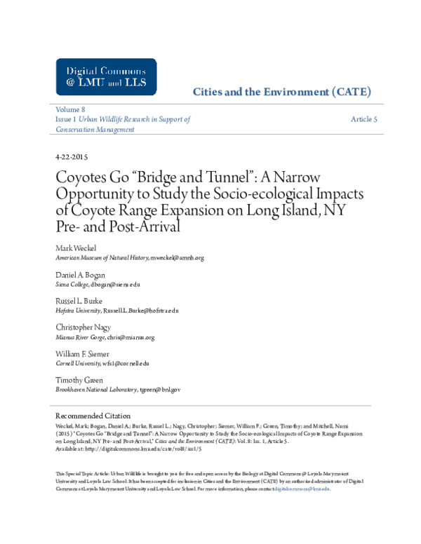 (PDF) Coyotes Go “Bridge and Tunnel”: A Narrow Opportunity to Study the ...