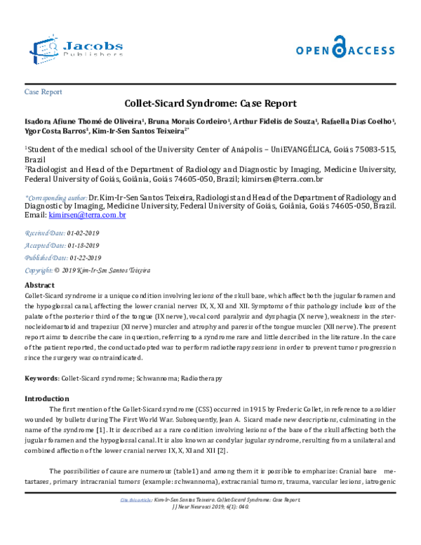 (PDF) Collet-Sicard syndrome: Case report | Rafaella Coelho - Academia.edu