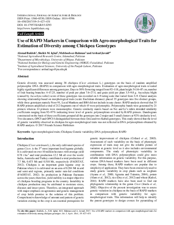 (PDF) Use of RAPD Markers in Comparison with Agro-Morphological Traits ... (PDF) Use of RAPD Markers in Comparison with Agro-Morphological Traits ...