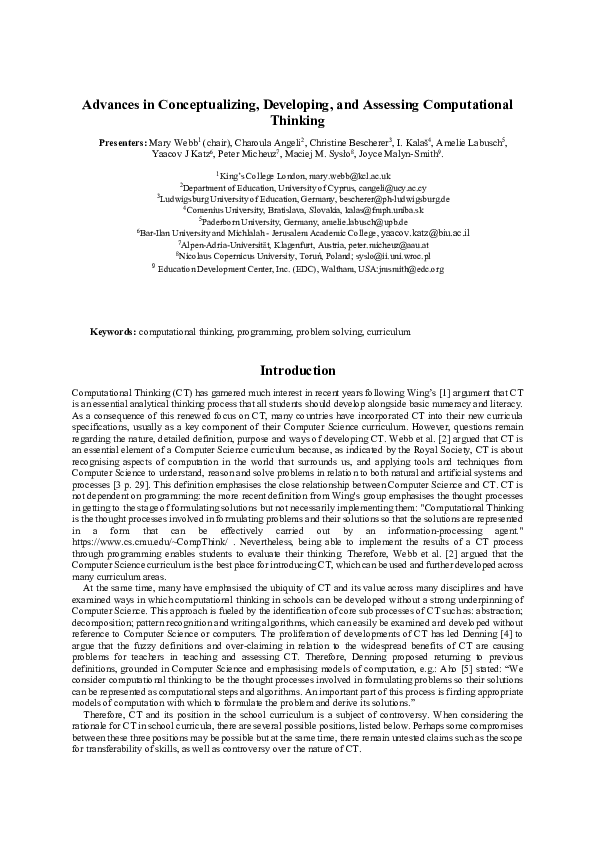 (PDF) Advances in Conceptualizing, Developing, and Assessing Computational Thinking