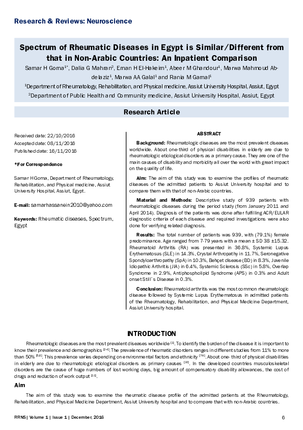 (PDF) Spectrum of Rheumatic Diseases in Egypt is Similar/Different from ...