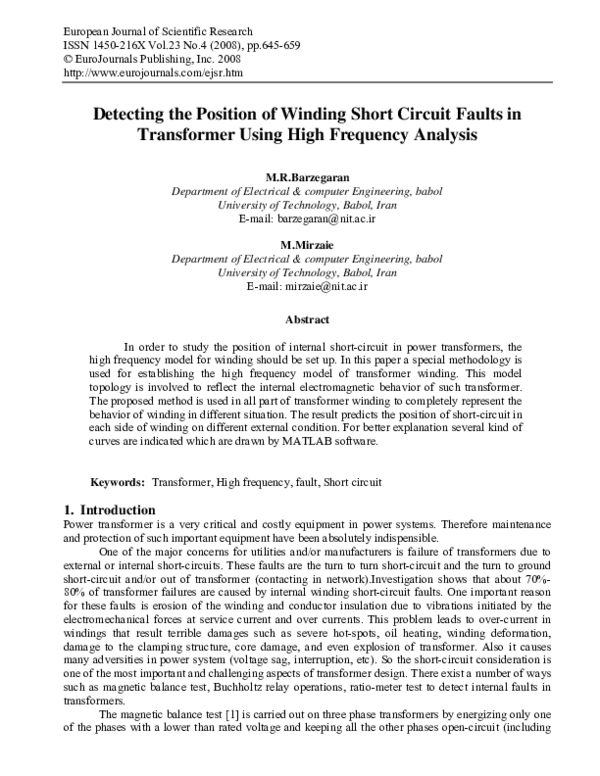(PDF) Detecting the position of winding short circuit faults in transformer using high frequency ...