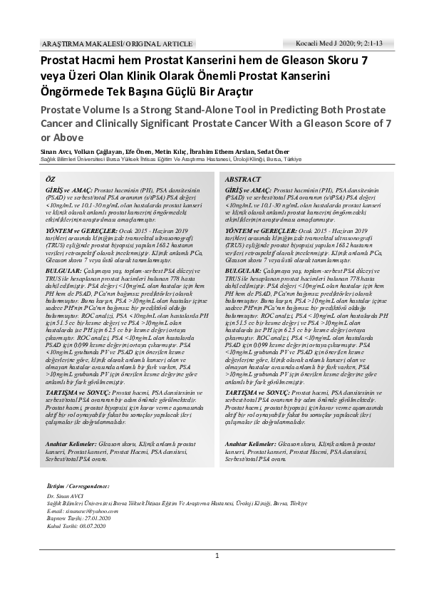 (PDF) Prostat Hacmi hem Prostat Kanserini hem de Gleason Skoru 7 veya ...