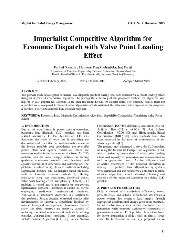 (PDF) Imperialist Competitive Algorithm for Economic Dispatch with Valve Point Loading Effect