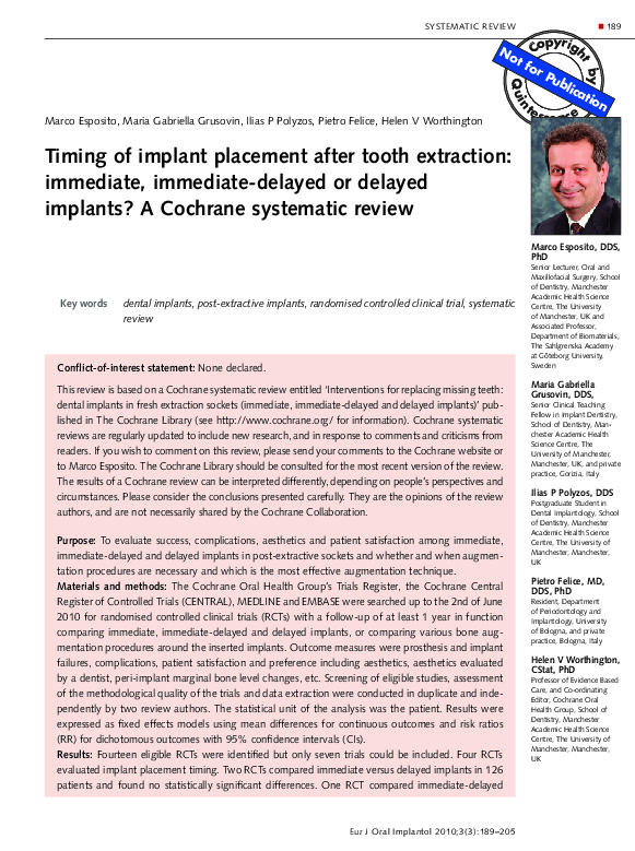 (PDF) Timing of implant placement after tooth extraction: immediate, immediate-delayed or ...