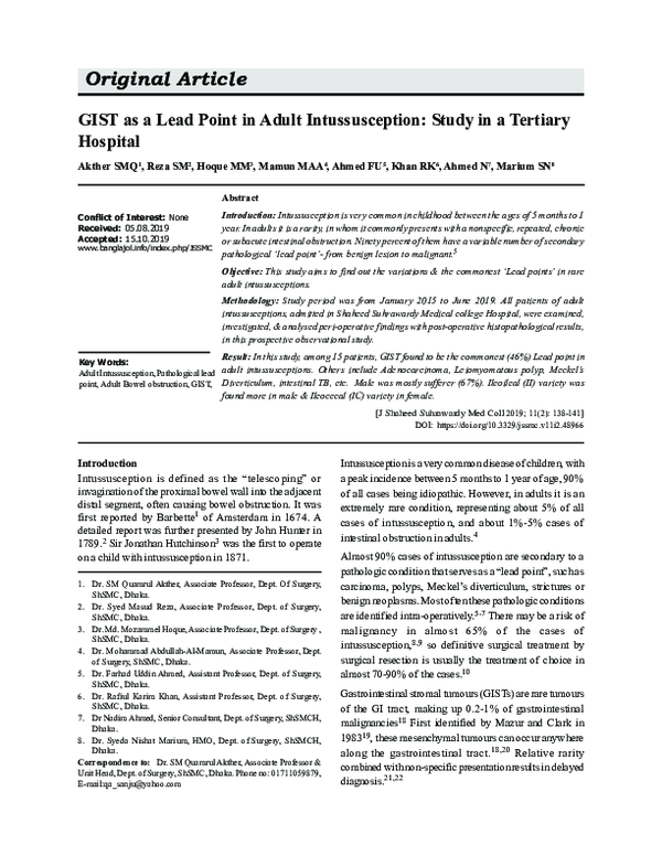 (PDF) GIST as a Lead Point in Adult Intussusception: Study in a ...