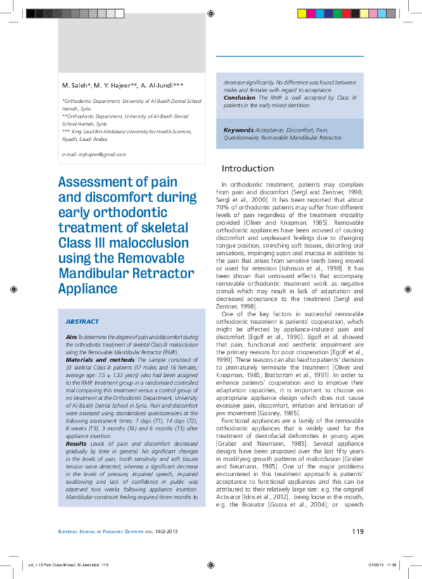 (PDF) Assessment of pain and discomfort during early orthodontic ...