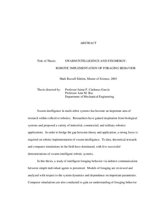 (PDF) Swarm intelligence and stigmergy: Robotic implementation of foraging behavior