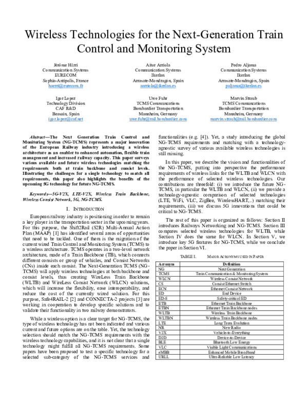 (PDF) Wireless Technologies for the Next-Generation Train Control and ...